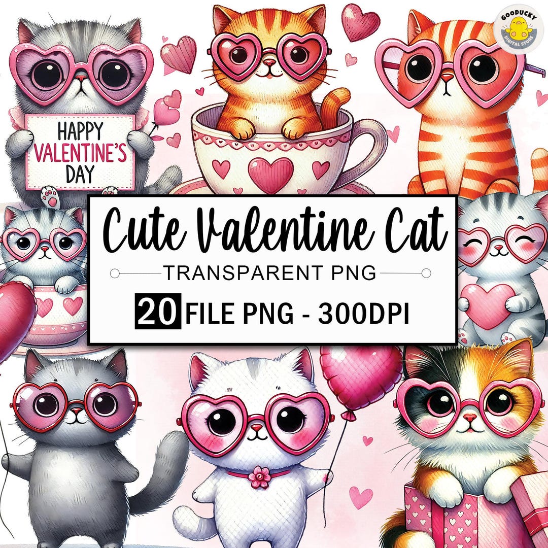 Watercolor Cute Valentine Cat Clipart, 20 PNG Valentine Cat Clipart ...