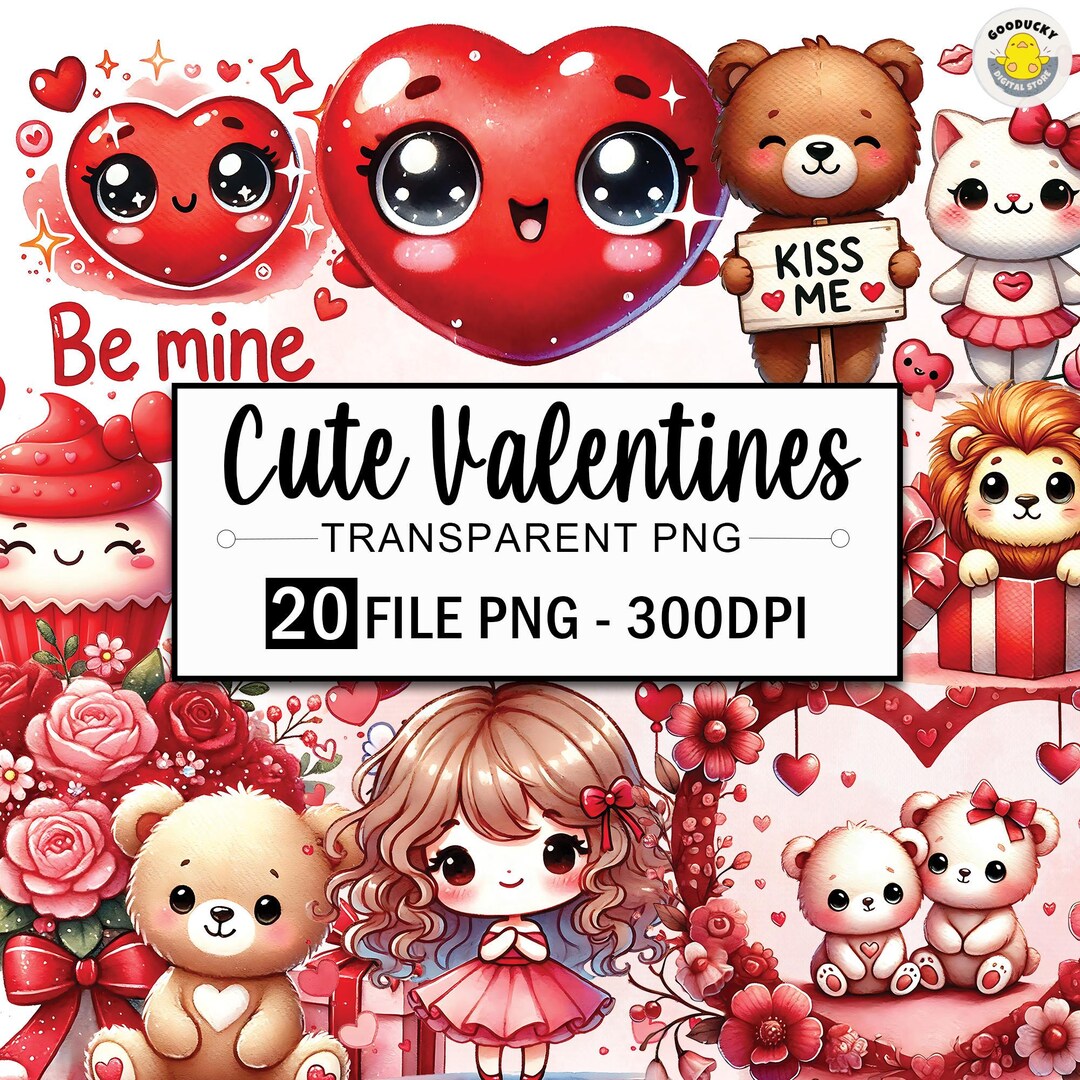 Watercolor Cute Valentines Clipart, 20 PNG Cute Valentines Clipart ...