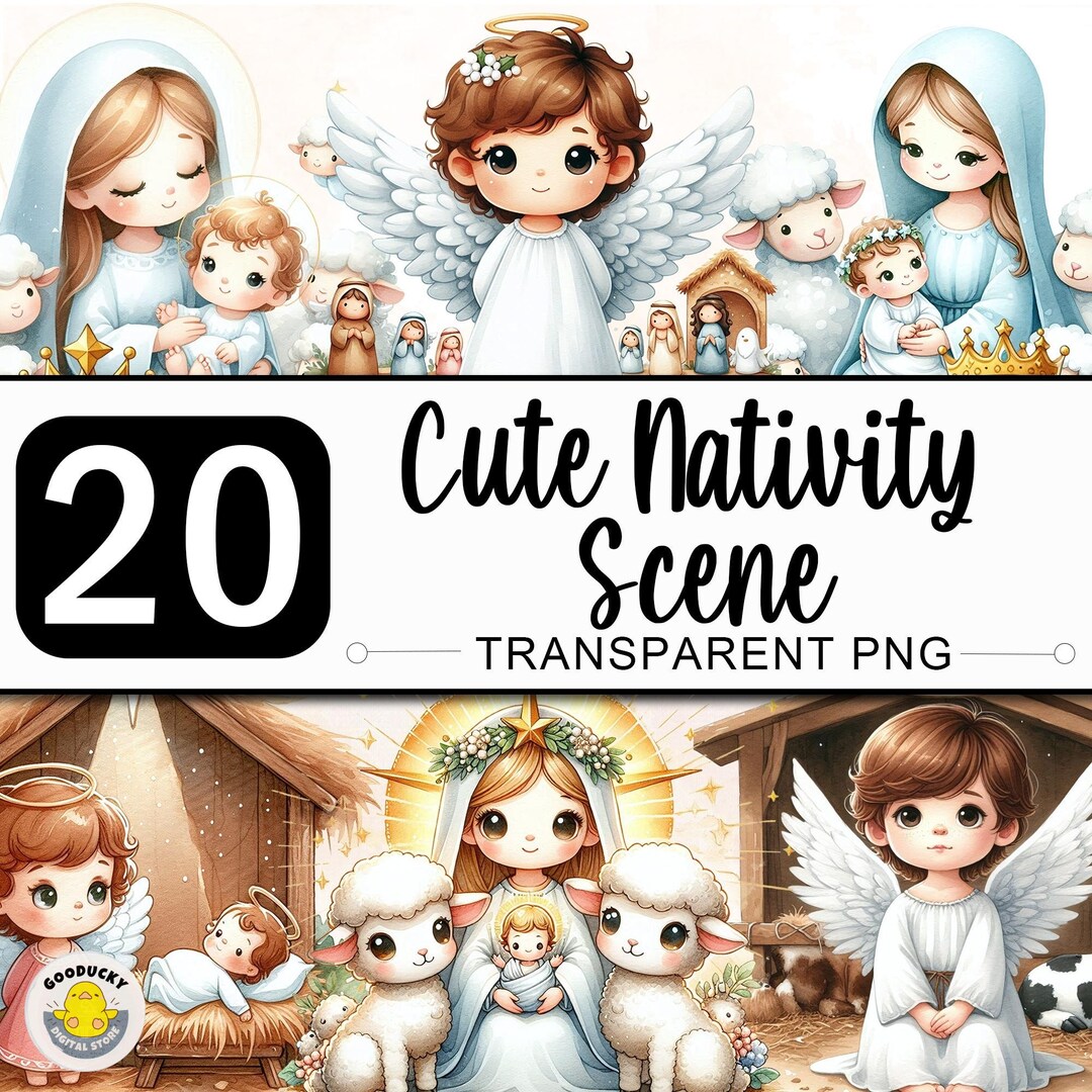Watercolor Cute Nativity Scene Clipart Bundle, 20 PNG Xmas Jesus Birth ...