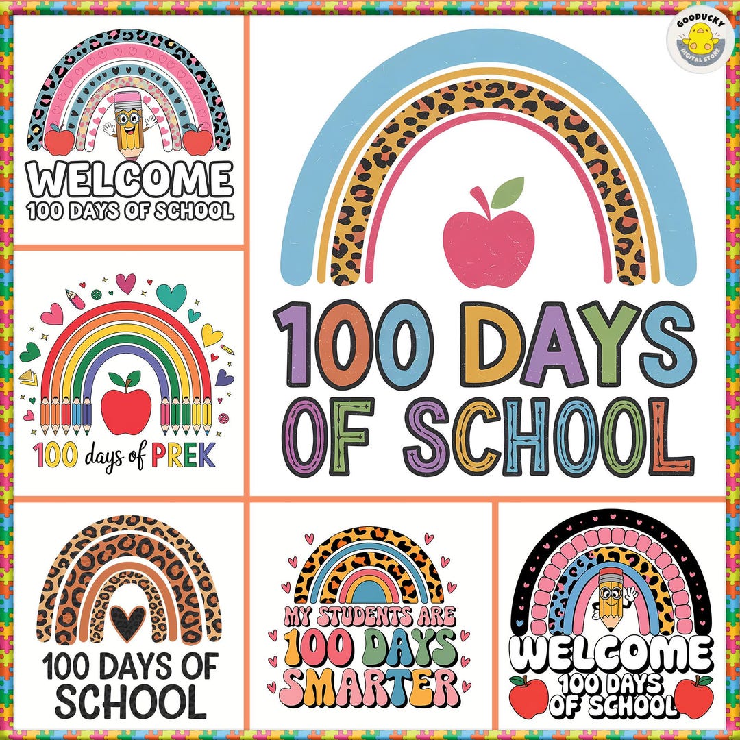 Rainbow 100 Day of School Clipart, 10 PNG Teacher 100 Day of School ...