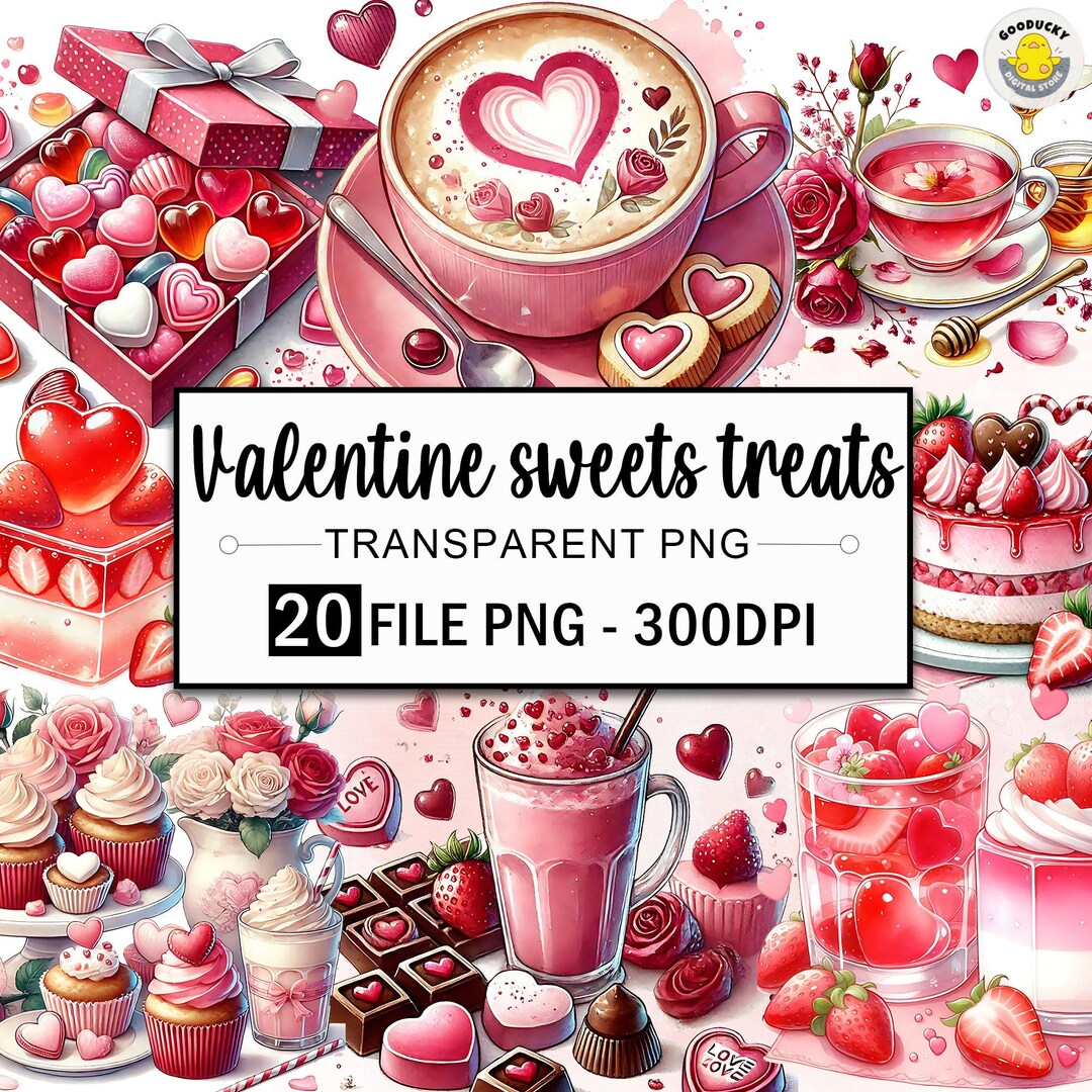 Watercolor Valentine Food Clipart, 20 PNG Valentine Sweets Treats ...