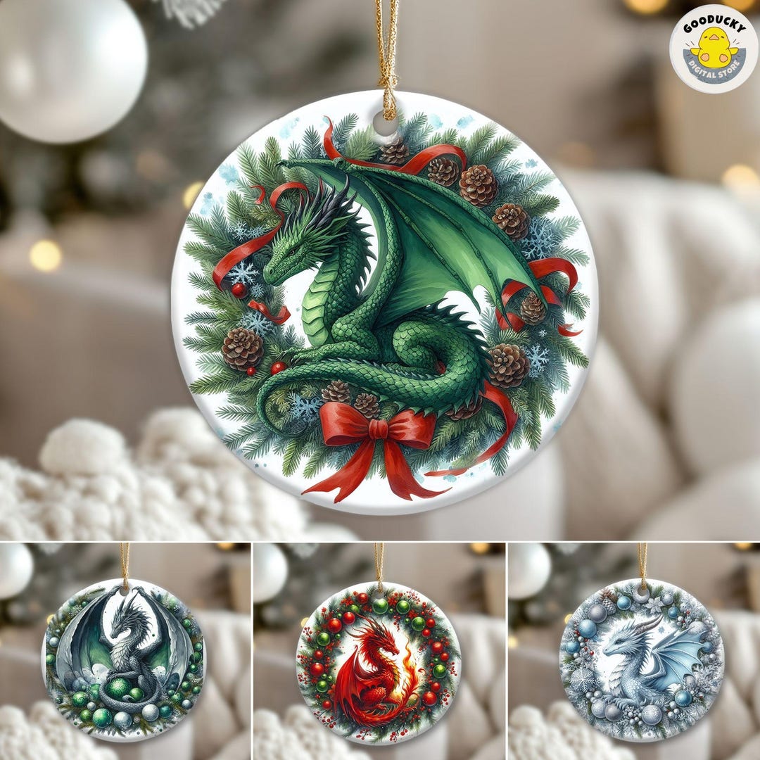 Christmas Dragons Ornament Designs, 20 PNG Holiday Dragons Sublimation ...