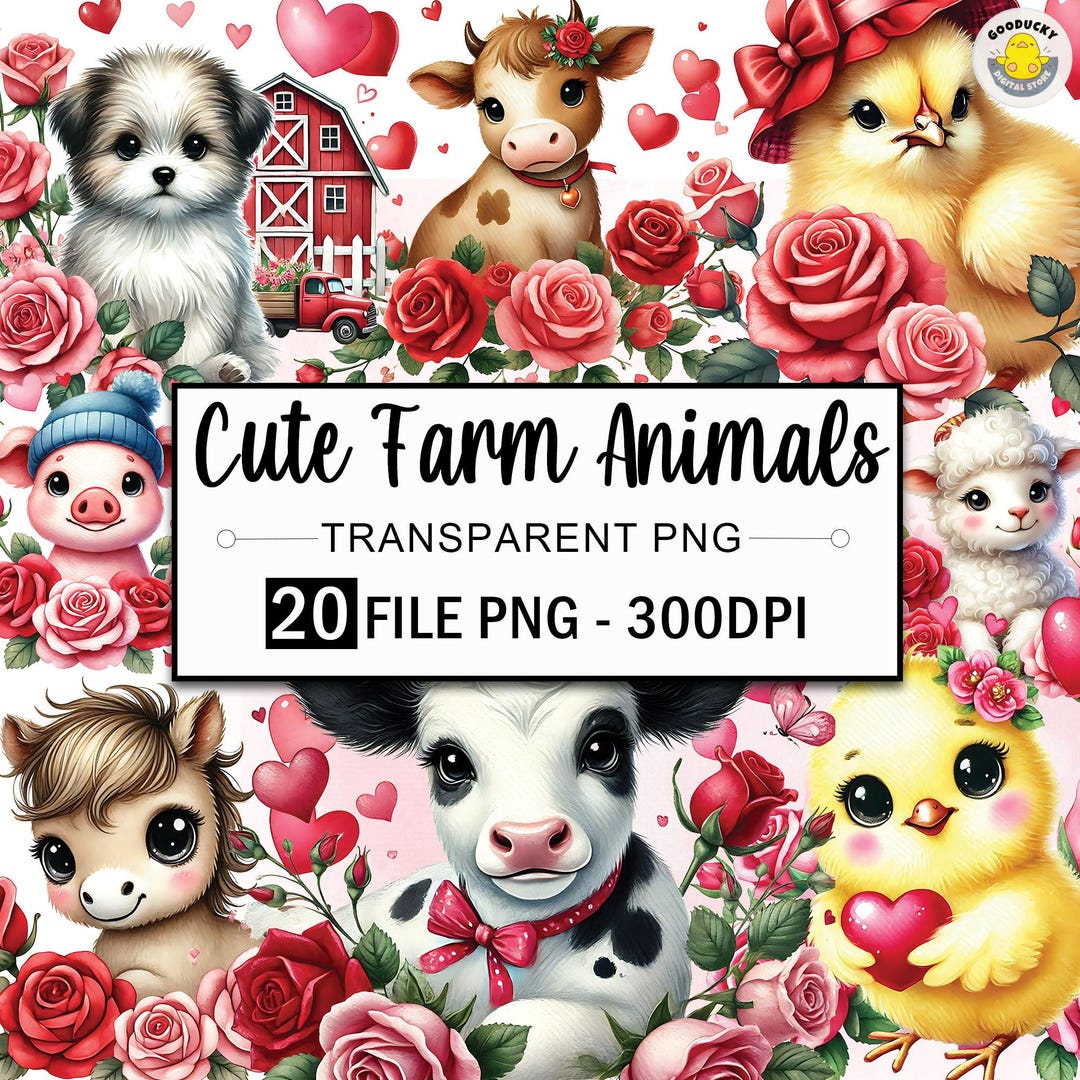 Watercolor Cute Valentines Farm Animals Clipart, 20 PNG Farm Animal ...
