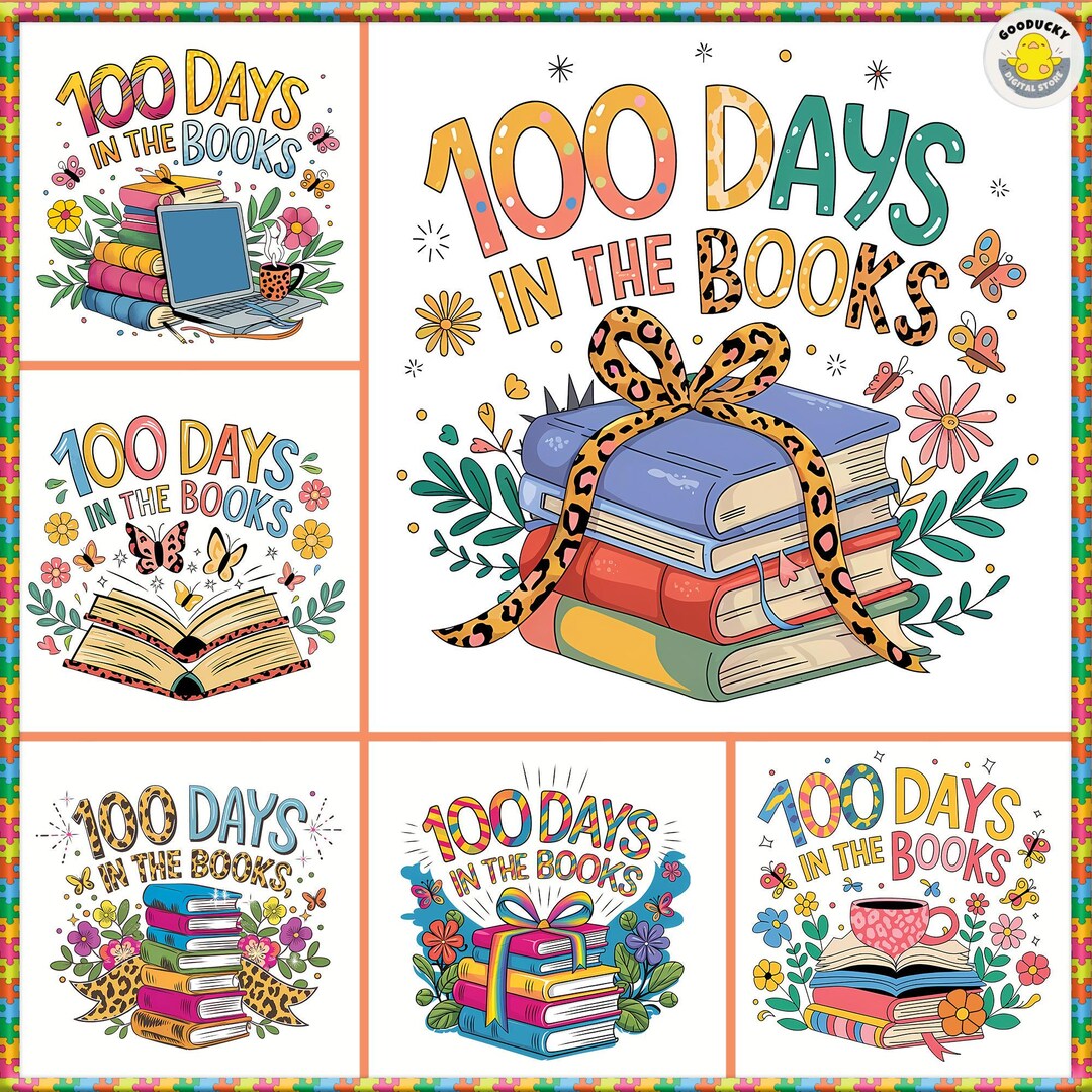100 Days in the Books Clipart, 10 PNG 100 Days Books Clipart, Retro ...