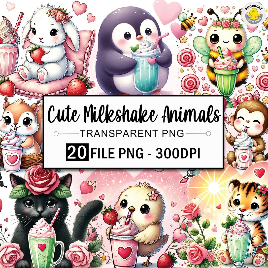 Watercolor Cute Milkshake Animals Clipart, 20 PNG Milkshake Animals ...