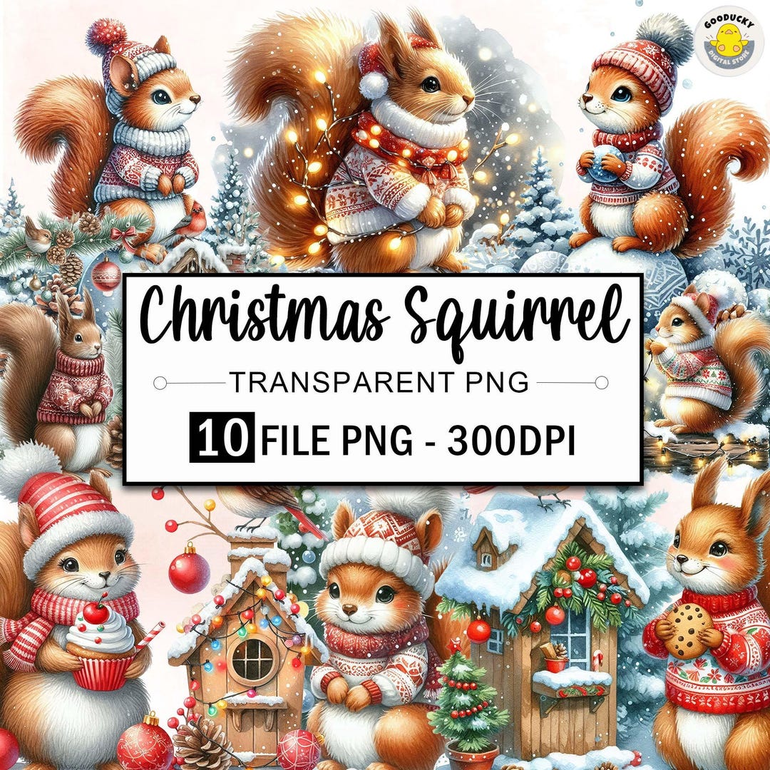 Watercolor Christmas Squirrel Clipart Bundle, 10 PNG Winter Squirrel ...