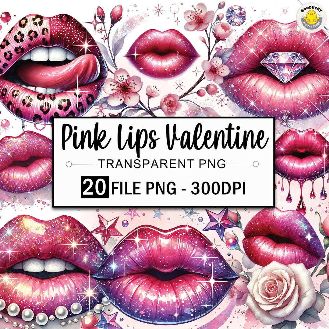 Watercolor Pink Valentines Lips Clipart, 20 PNG Pink Valentines Lips ...