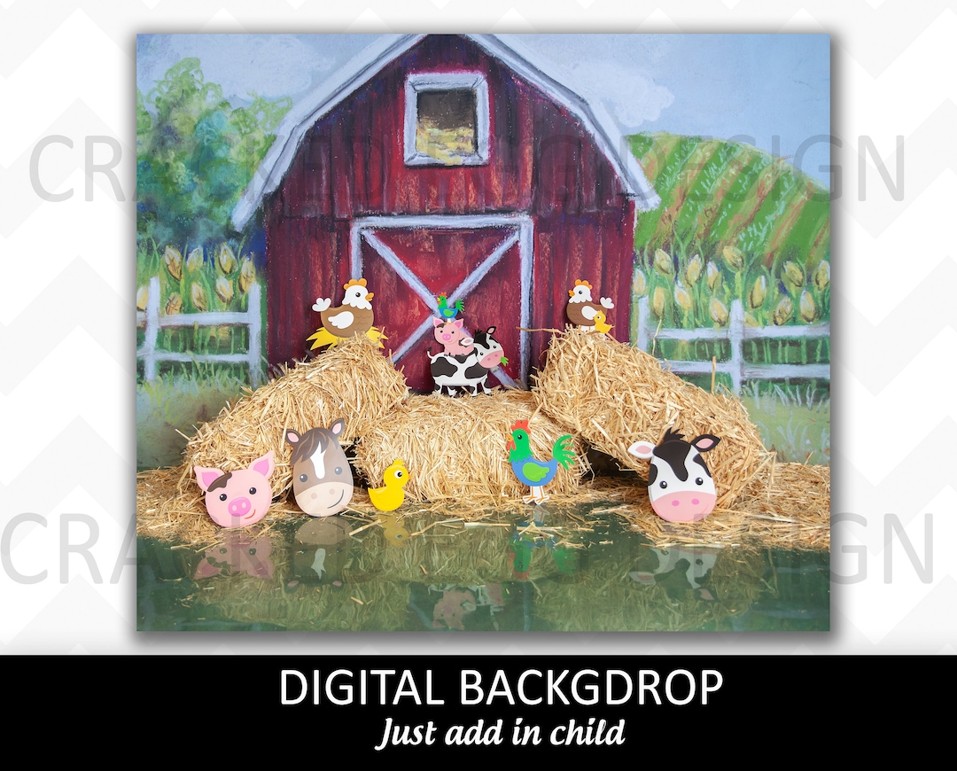 Farm Digital Backdrop, Barnyard, Animals, Chickens, Cows, Hay, for ...