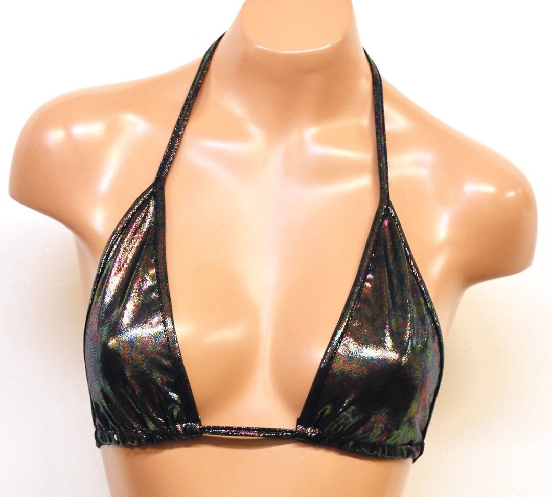 Sugarpuss HOLOGRAM BIKINI TOP, Oil Slick Bronze Triangle Bikini Top, Swimwear Rave Festival Top ...