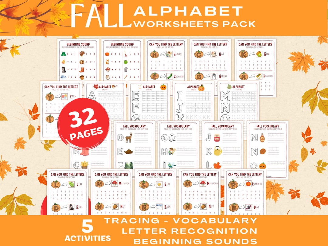 Fall Alphabet Activity Pack – Letter Sounds, Tracing (PDF Pattern) - Etsy