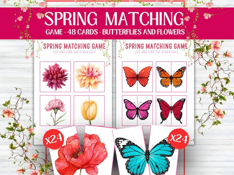Spring Matching Game Printable | Flower & Butterfly Matching Cards ...