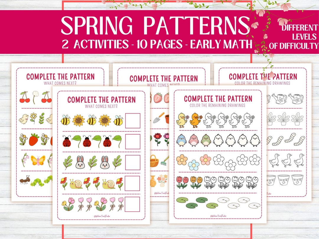 Spring Patterns Worksheets for Kindergarten & 1st Grade, Pattern ...