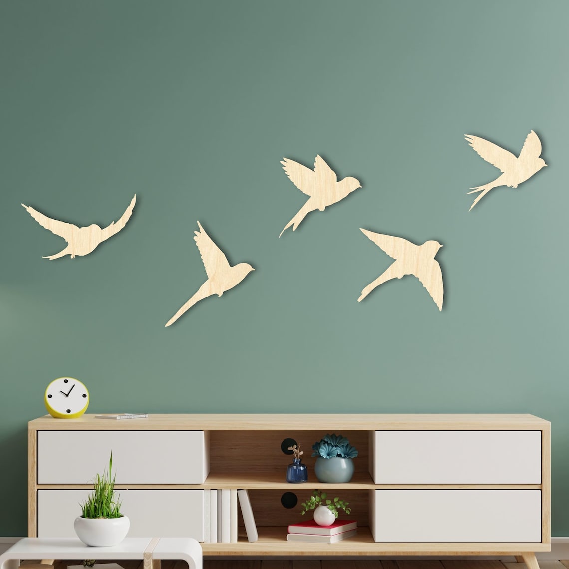 Wooden Flying Birds Wall Art Set, Flock of 5 Birds, Minimalist Bird ...