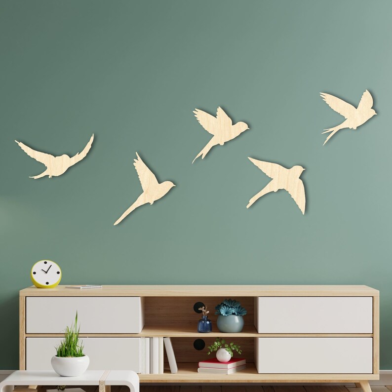 Wooden Flying Birds Wall Art Set, Flock of 5 Birds, Minimalist Bird ...