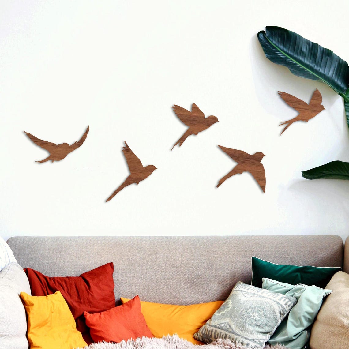 Wooden Flying Birds Wall Art Set, Flock of 5 Birds, Minimalist Bird ...