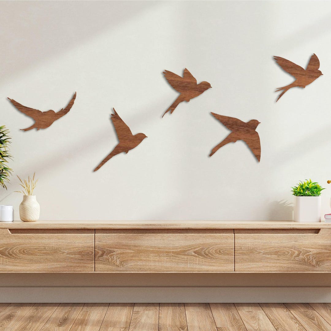 Wooden Flying Birds Wall Art Set, Flock of 5 Birds, Minimalist Bird ...