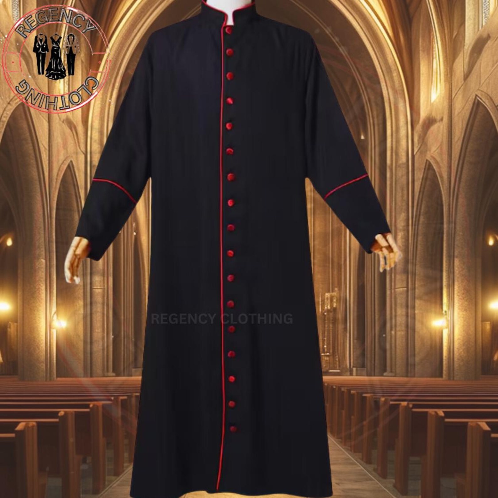Black Wool Cassock With Red Trim & Buttons – Roman Catholic Clergy Robe ...