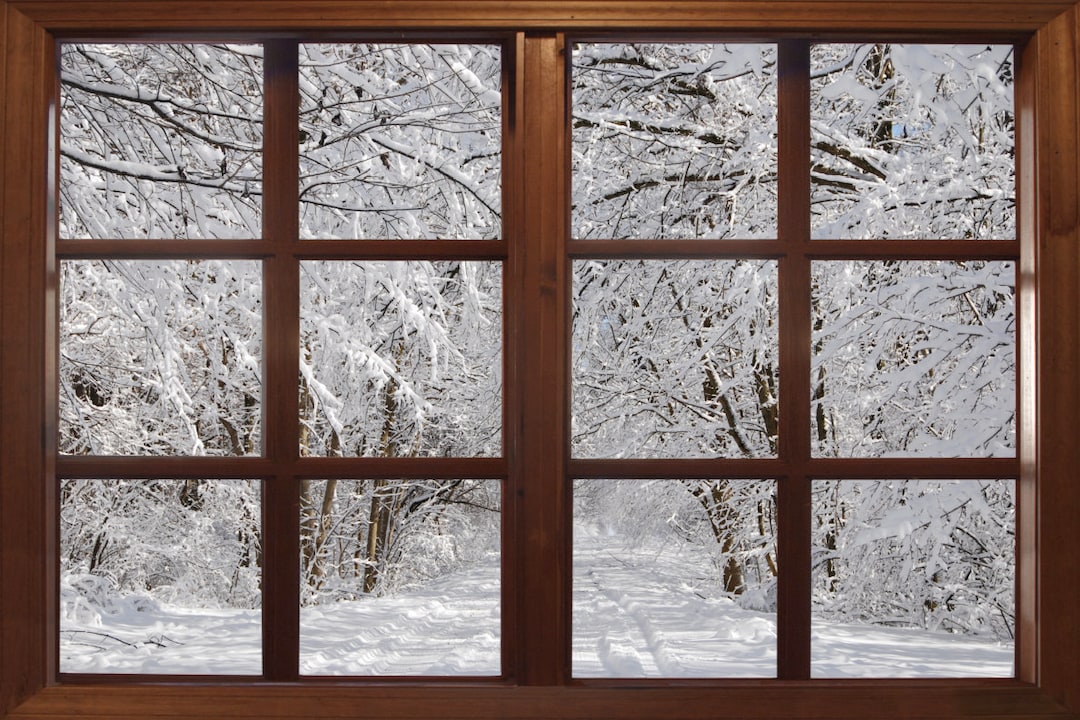 Wall Mural Window, Self Adhesive, Winter Window View, Brown Frame-3 ...
