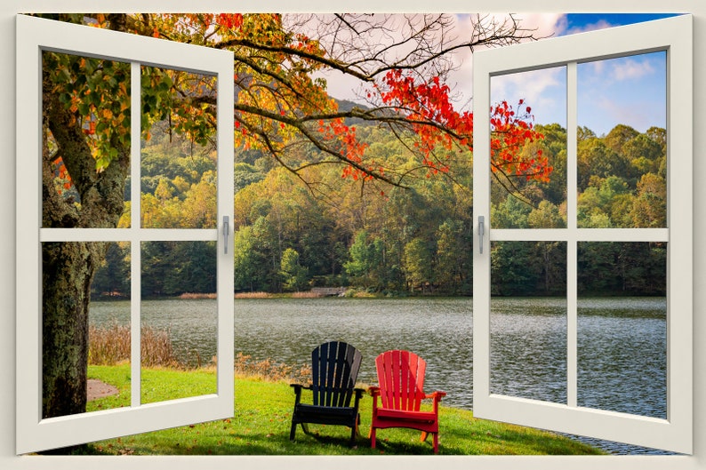 Wall Mural Window, Self Adhesive, Mountain Lake Window View-4 Sizes ...