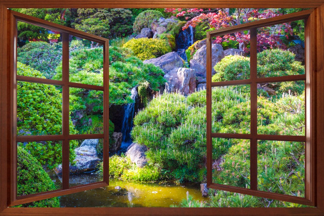 Wall Mural Window-self Adhesive-zen Waterfall Garden Window View-3 ...