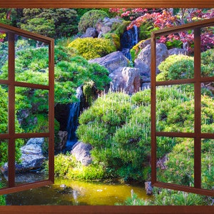 Wall Mural Window-self Adhesive-zen Waterfall Garden Window View-3 ...
