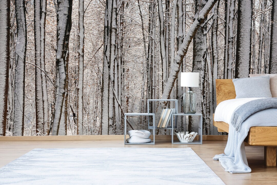 Wallpaper, Self Adhesive, Snowy Tree Trunks/ Peel and Stick Wallpaper ...