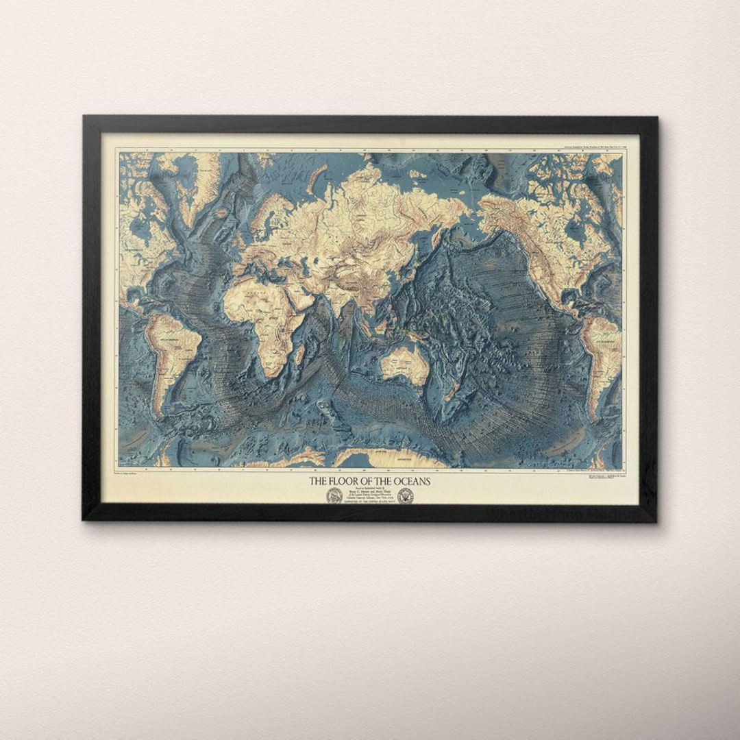 Ocean Floors and Land Relief World Map Roll Down Decorative Canvas ...