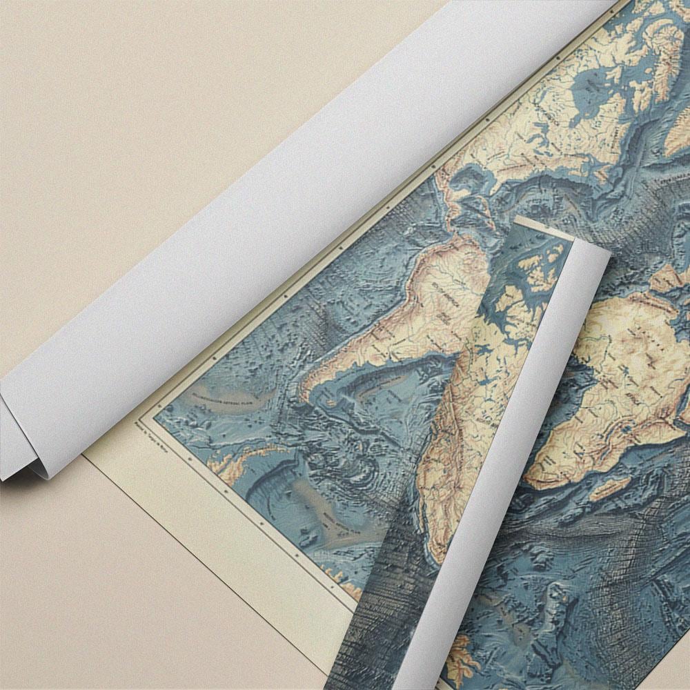 Ocean Floors and Land Relief World Map Roll Down Decorative Canvas ...