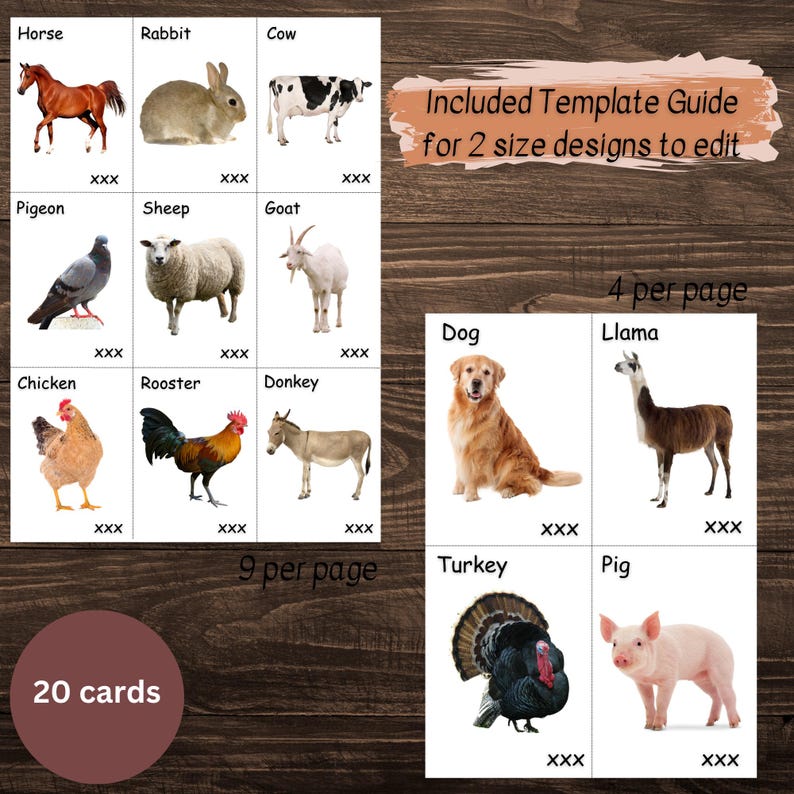 Editable Farm Animals Cards Montessori Real Animals Flashcards for ...