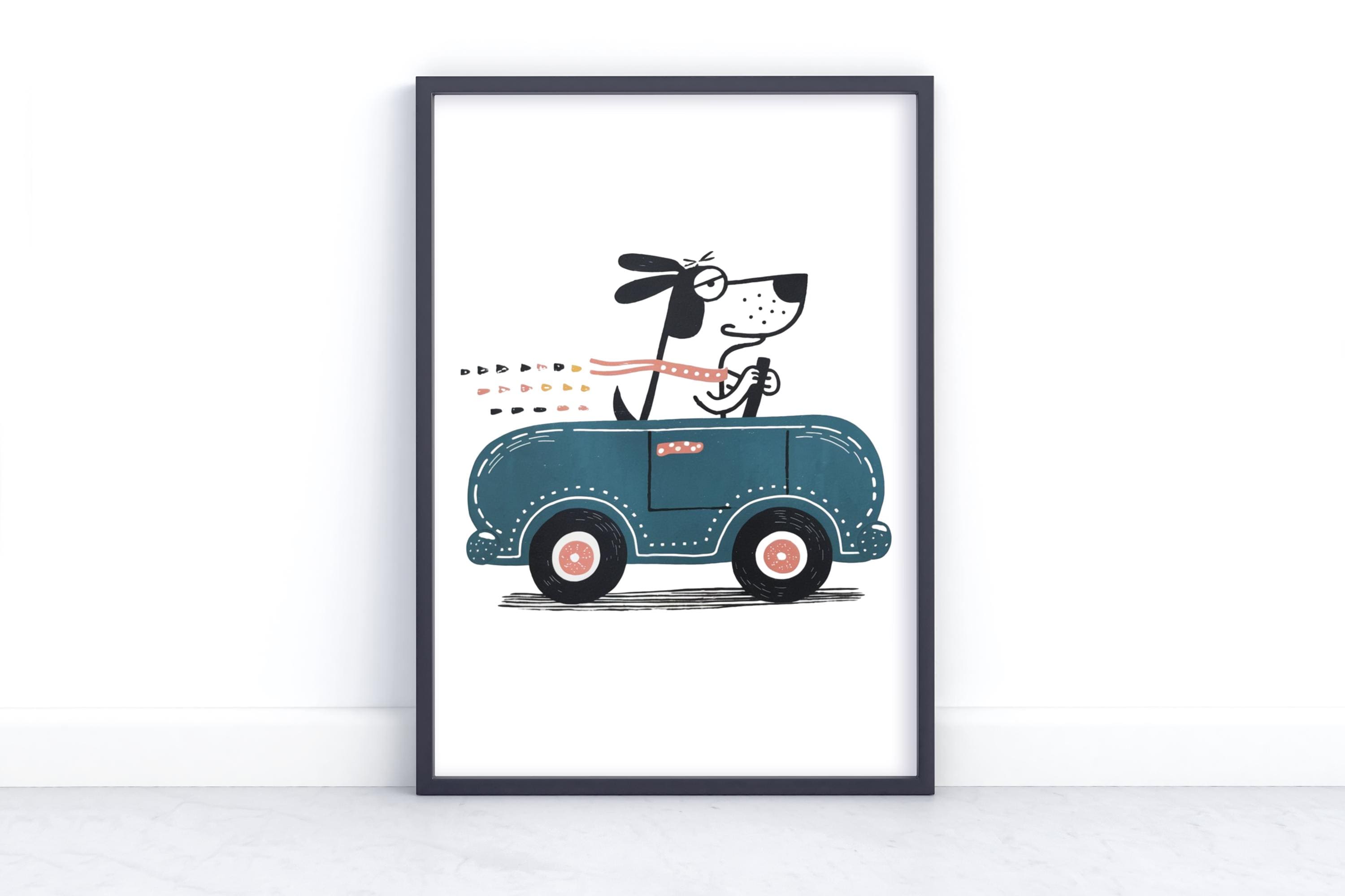 Cool Dog Driving Car Kids Wall Art Animal Print Dog Poster Gender ...