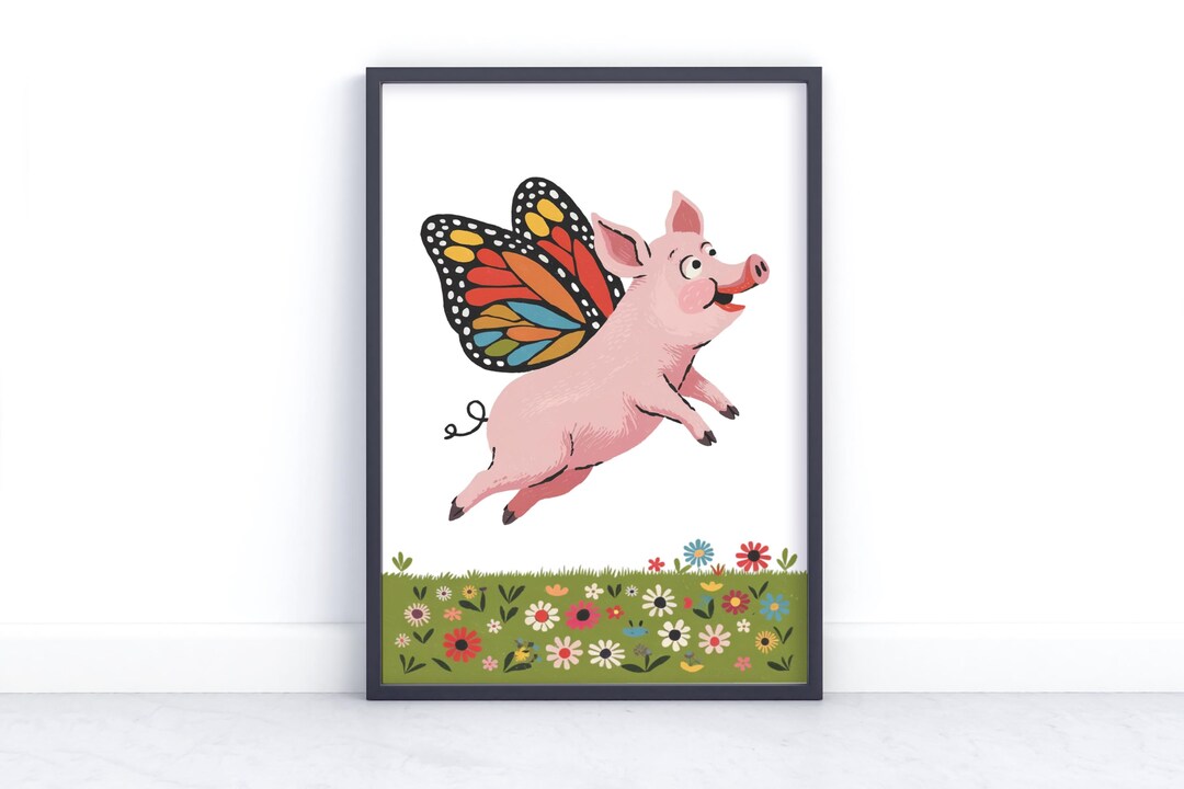 Piglet Butterfly Wings Kids Wall Art Animal Print Piglet Poster Gender ...