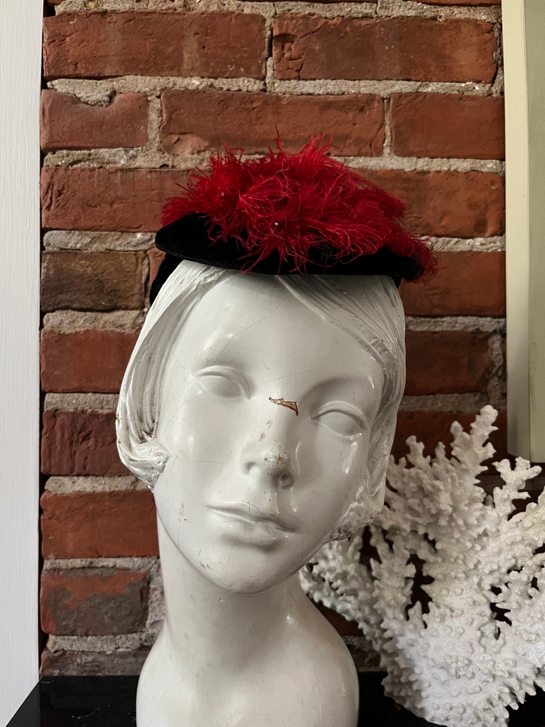 1940s Black Velvet Ring Fascinator With Red Ostrich Feathers - Etsy