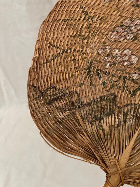 Antique Handpainted Woven Rattan and Reed Hand Fan - Gem