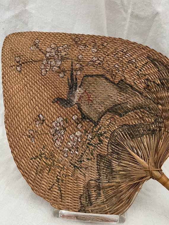 Antique Handpainted Woven Rattan and Reed Hand Fan - Gem