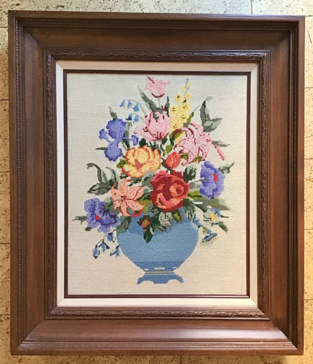 Vintage Framed Floral Needlepoint - Etsy