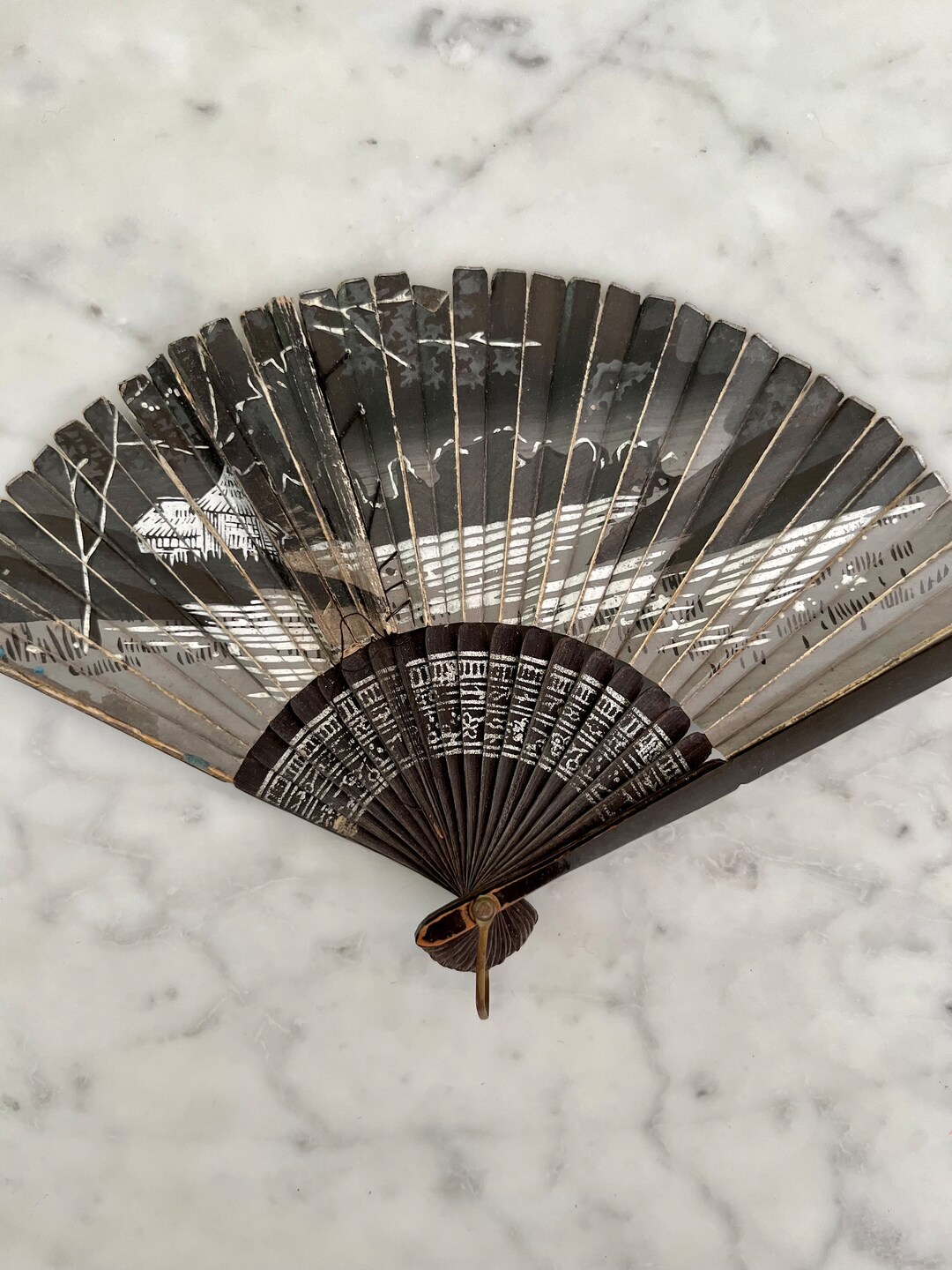 Vintage Asian Folding Paper Fan With Landscape - Etsy