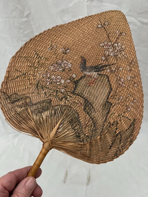 Antique Handpainted Woven Rattan and Reed Hand Fan - Gem
