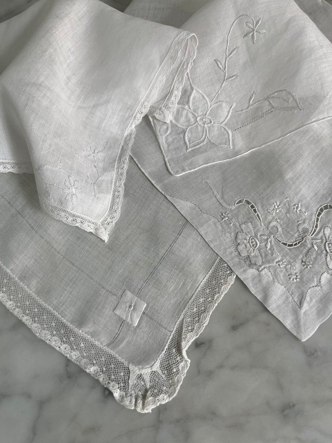Four Vintage Linen Handkerchiefs With Appliqués, Embroidery and Lace ...