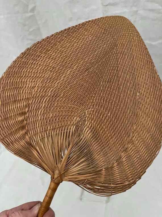 Antique Handpainted Woven Rattan and Reed Hand Fan - Gem