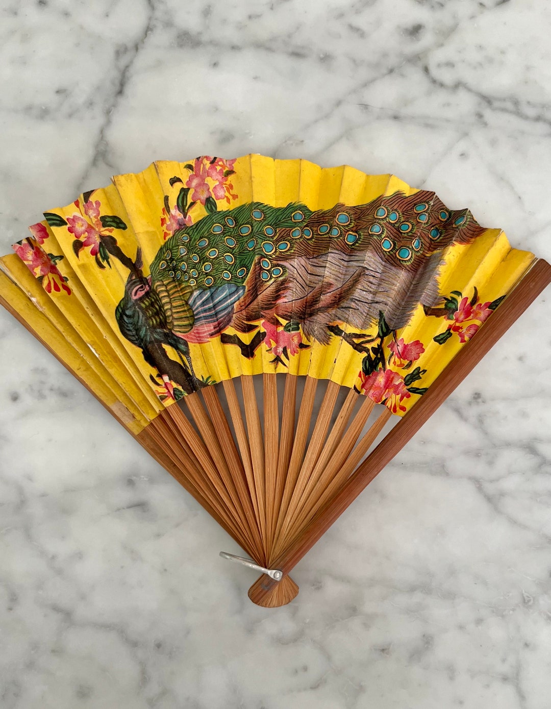 Vintage Asian Folding Paper Fan With Peacock - Etsy