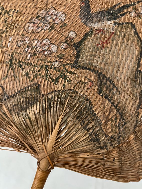Antique Handpainted Woven Rattan and Reed Hand Fan - Gem
