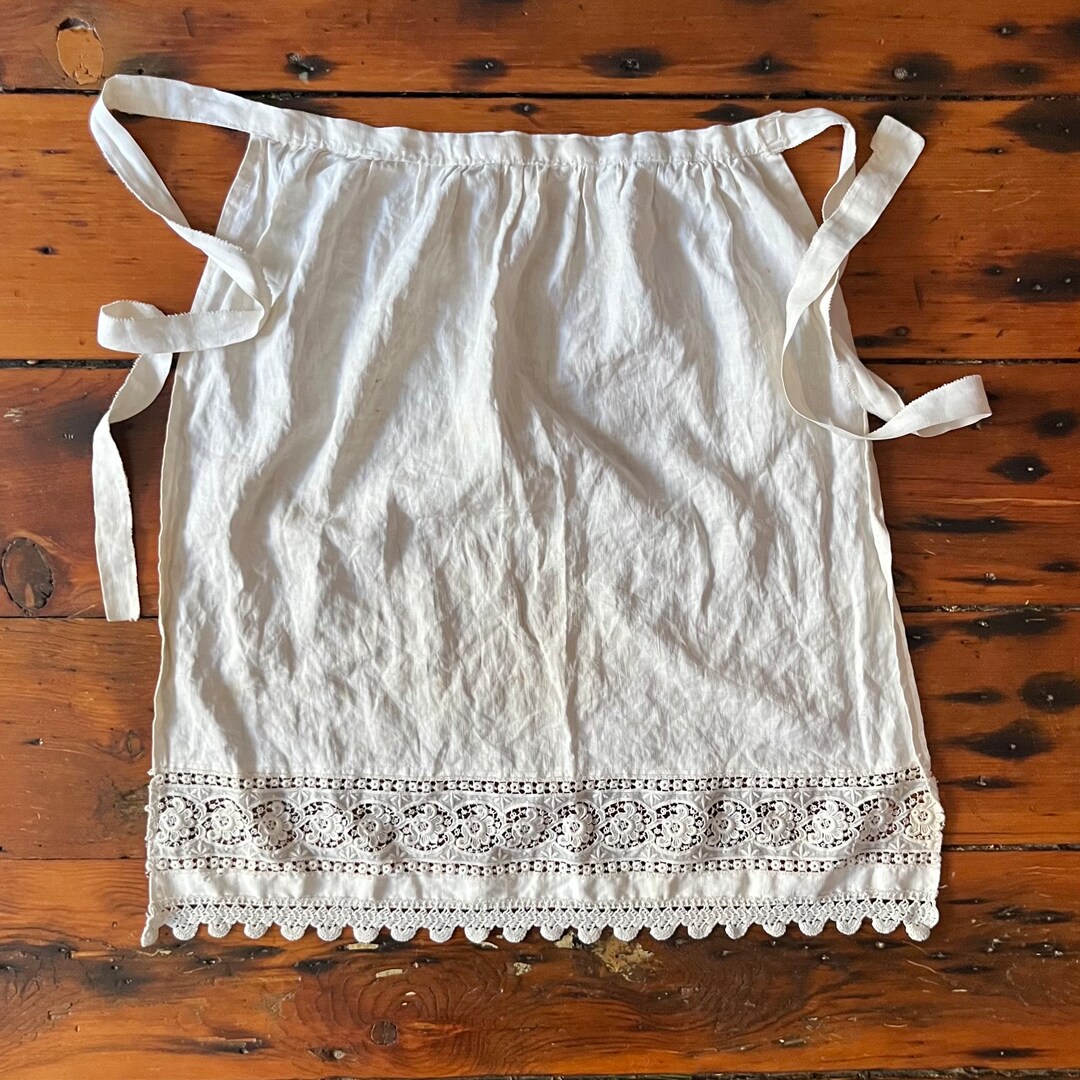 19th Century White Linen Apron With Hand Crocheted Trim and Lace Band ...