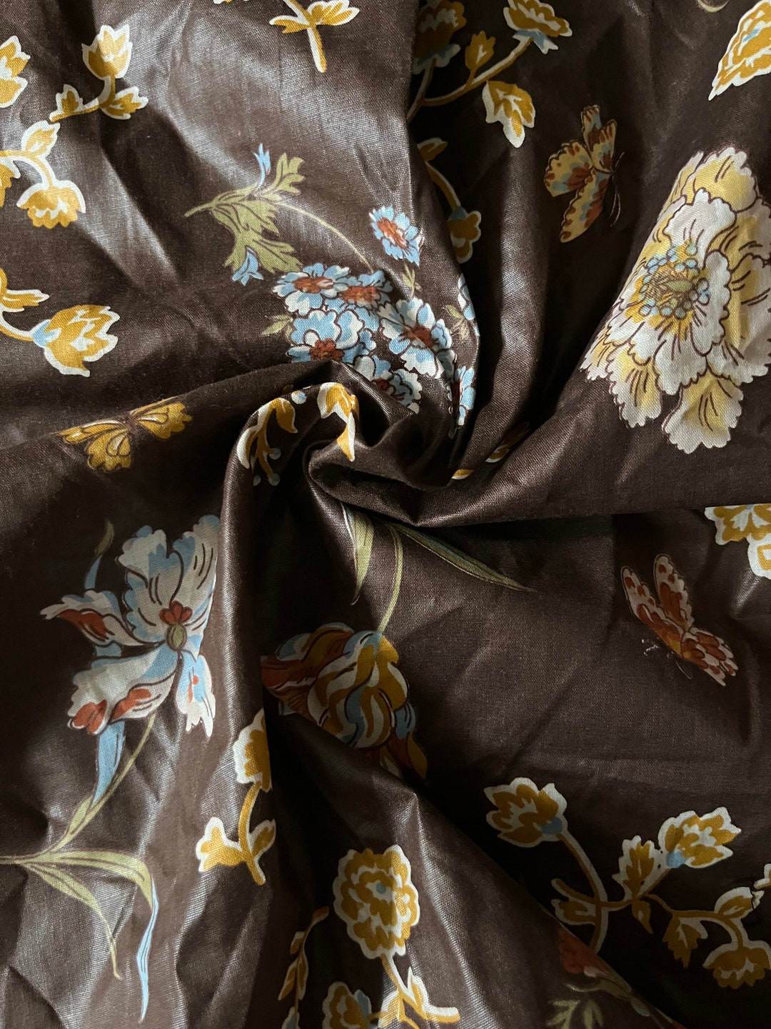 Vintage Brown Floral Chintz Cotton Fabric - Etsy
