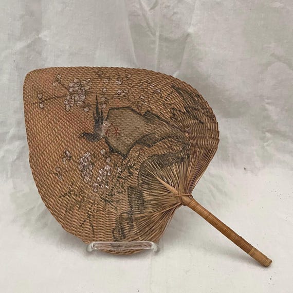 Antique Handpainted Woven Rattan and Reed Hand Fan - Gem