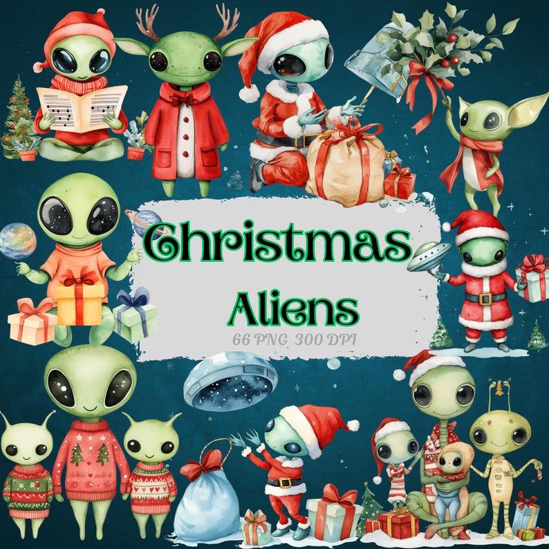 Christmas Alien Watercolor Clipart, Santa Hats, UFO PNG (digital ...