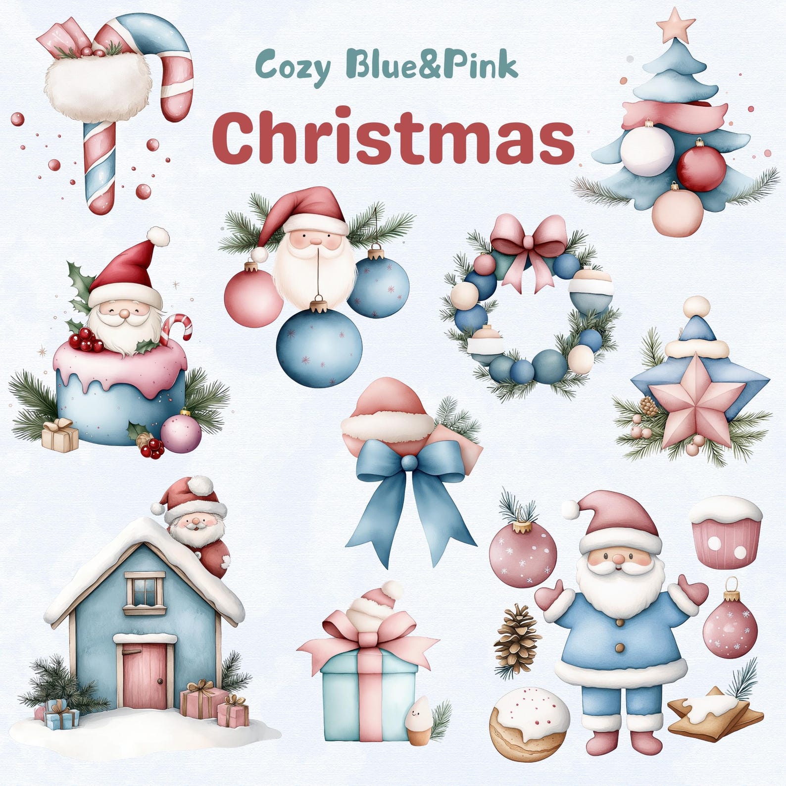 Watercolor Christmas Clipart, Pink & Blue Holiday Graphics (PNG ...