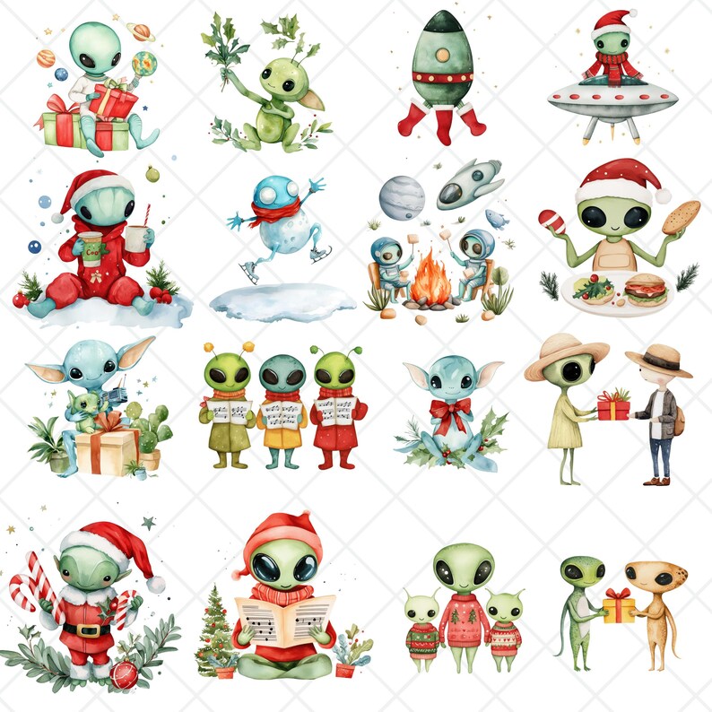 Christmas Alien Watercolor Clipart, Santa Hats, UFO PNG (digital ...