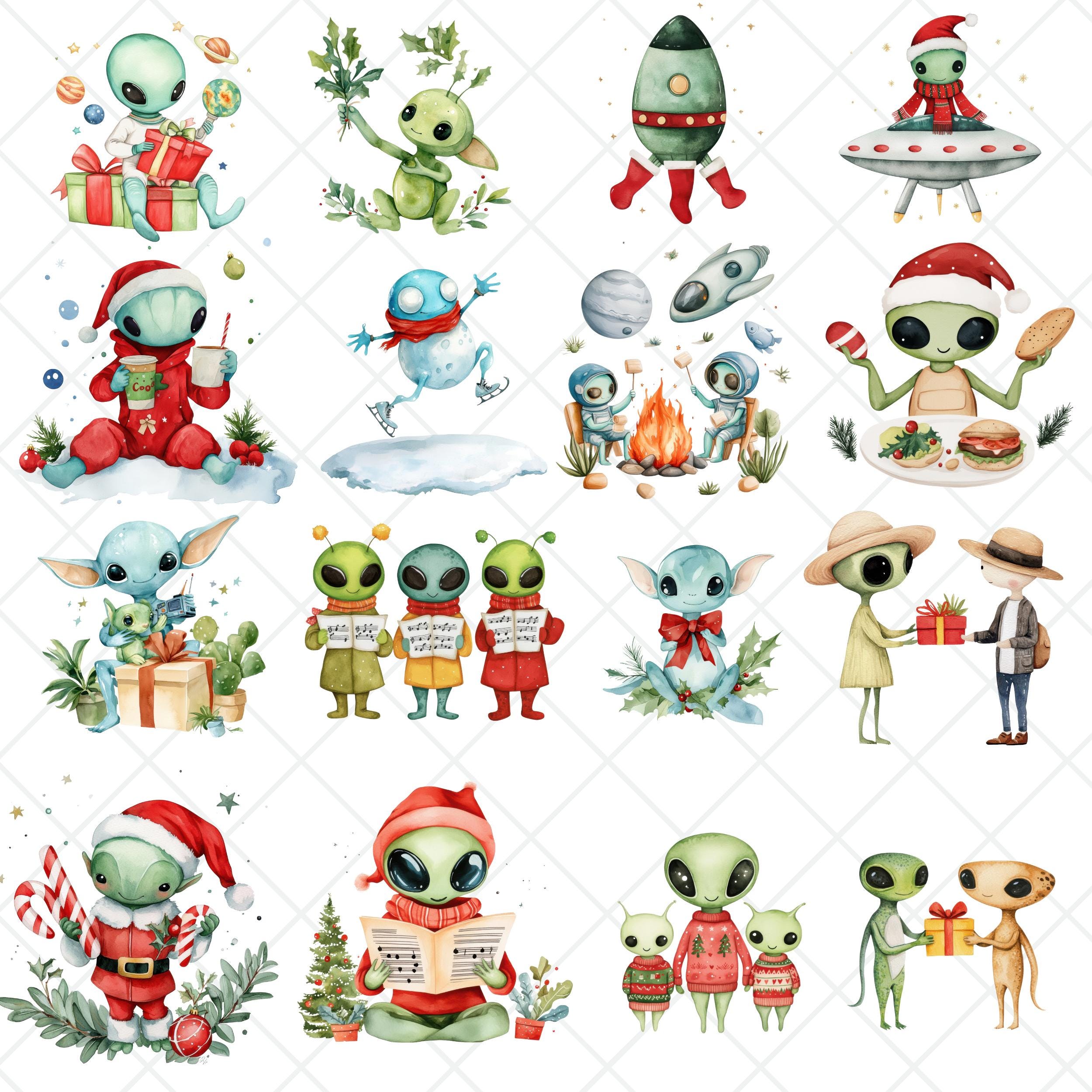 Christmas Alien Watercolor Clipart, Santa Hats, UFO PNG (digital ...