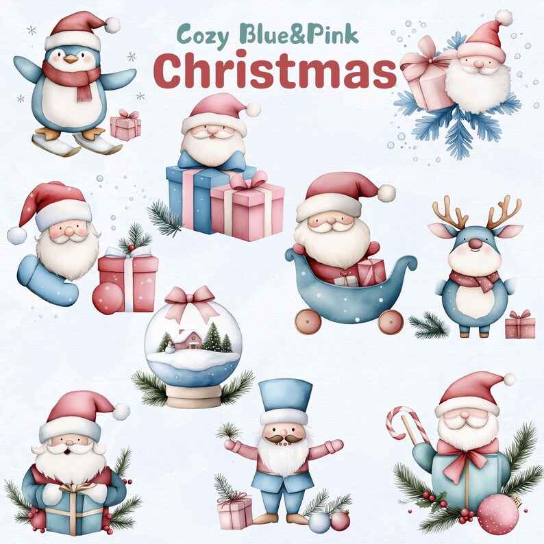 Watercolor Christmas Clipart, Pink & Blue Holiday Graphics (PNG ...