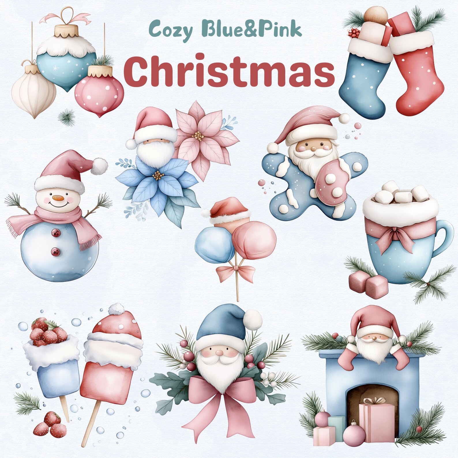 Watercolor Christmas Clipart, Pink & Blue Holiday Graphics (PNG ...